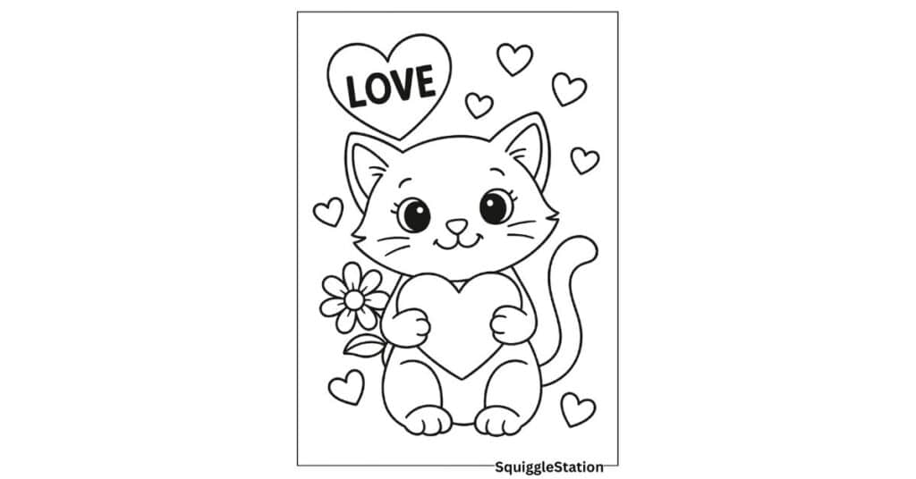 Valentine Cat Coloring Pages (Free Printable Kittens + Hearts ...